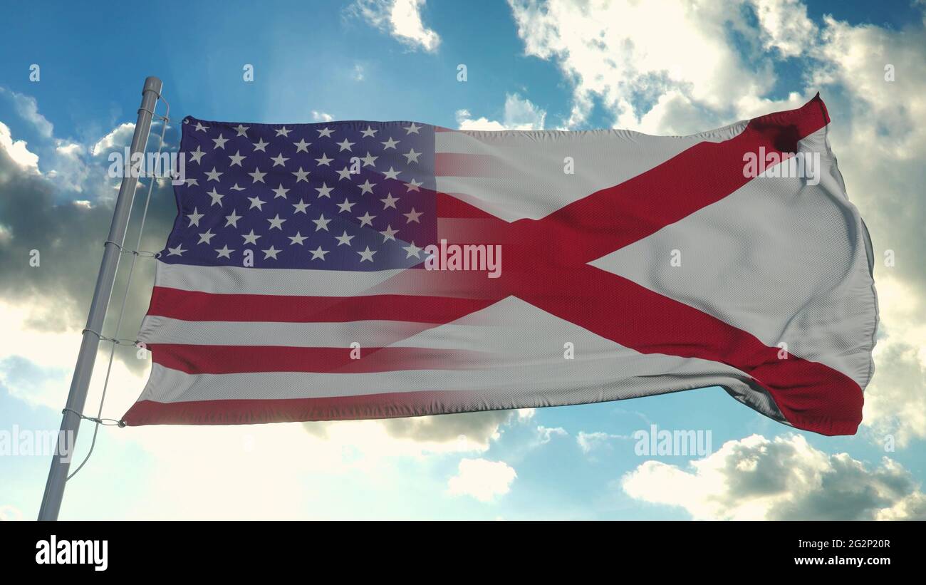 Flag of USA and Alabama state. USA and Alabama Mixed Flag waving in ...