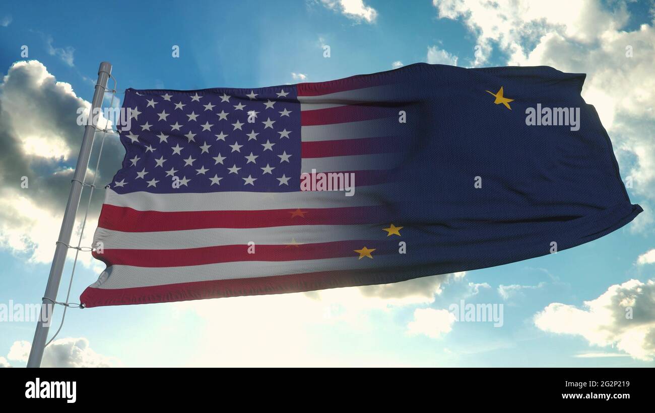 Flag of USA and Alaska state. USA and Alaska Mixed Flag waving in wind ...