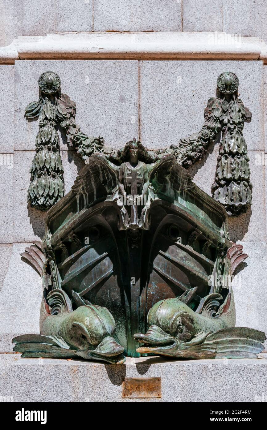 Detail. Prow of a caravel with a figurehead formed by an angel carrying ...