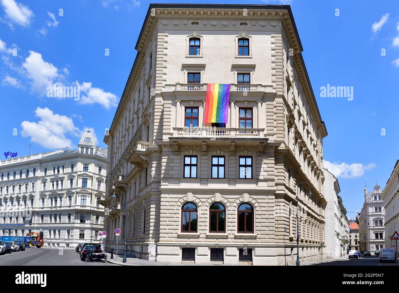 Vienna, Austria. Vienna Pride month 2021. The rainbow flag on a house ...