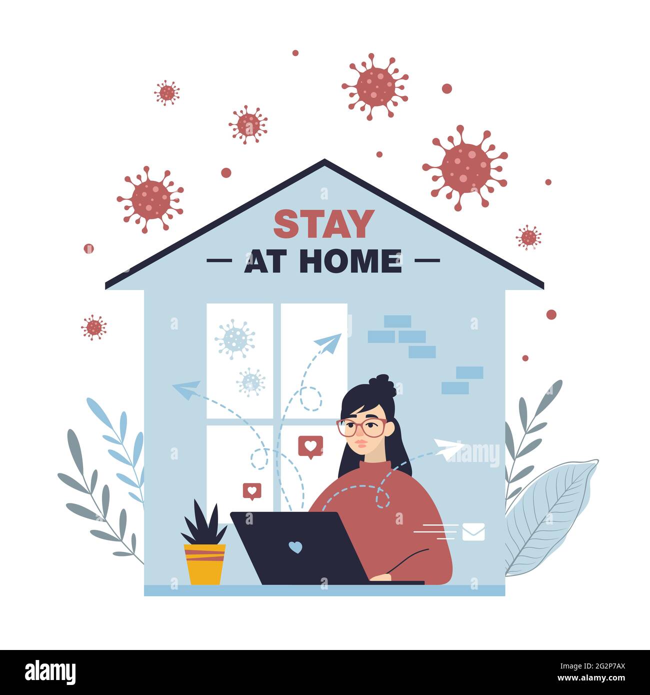 Stay home concept. Girl in glasses work on laptop at home. Coronavirus ...