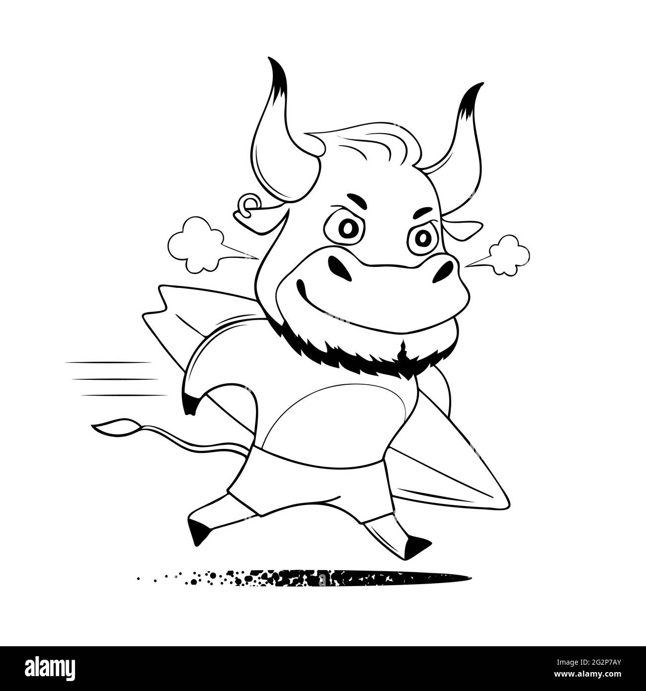 Cartoon bull running with surfboard. Cute bull enjoys summer vacations ...