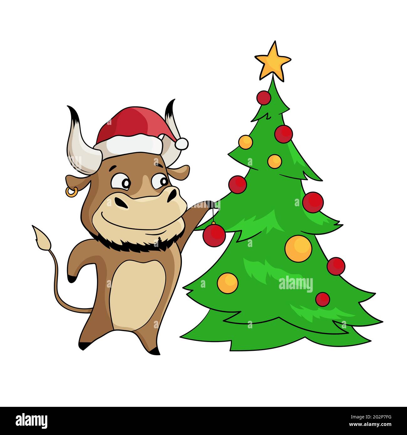 Cool bull in a santa hat decorating Christmas tree. Symbol of 2021 ...