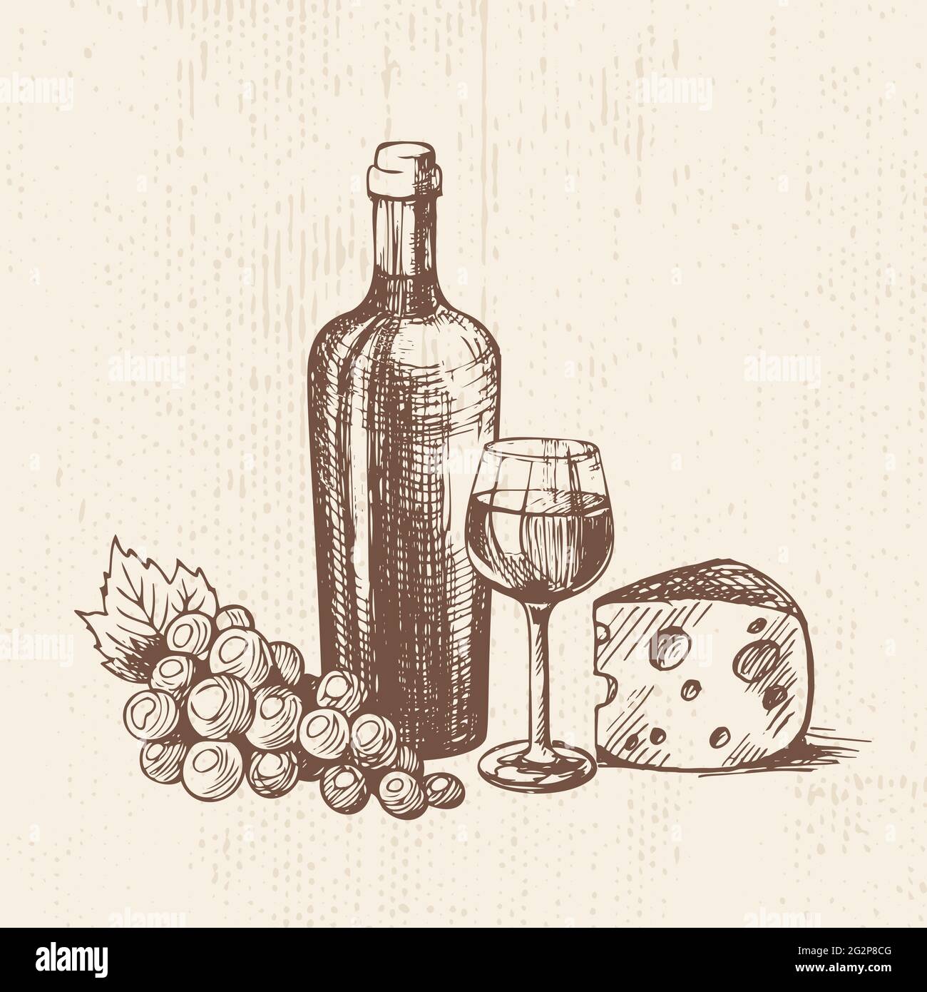 Wine Bottle And Grapes Drawing