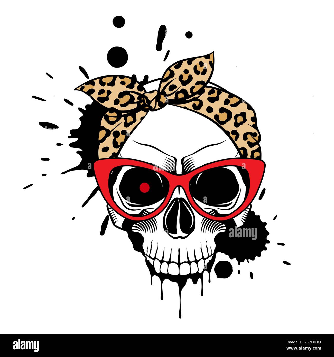 Skull with red glowing eye, splashes and drips of paint on white ...