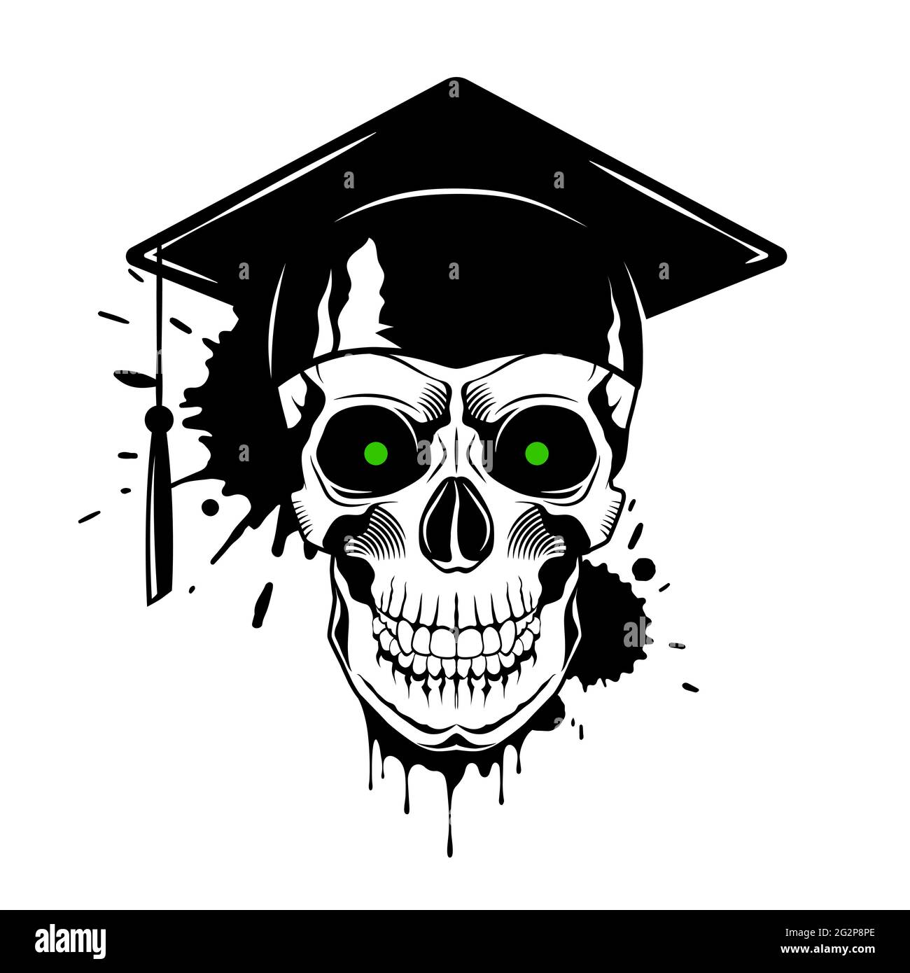 Human skull with graduate cap, paint splashes and drips on white ...