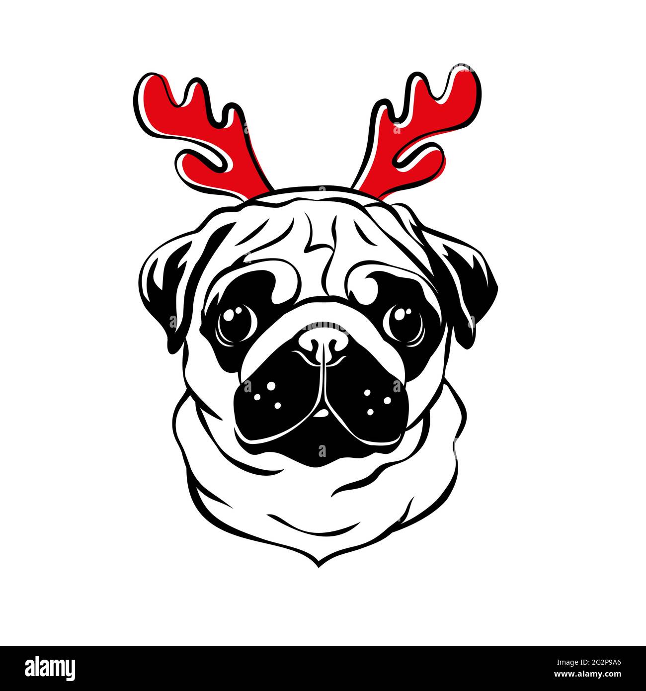 Cute pug with red reindeer antlers. Christmas pug dog portrait. Vector ...