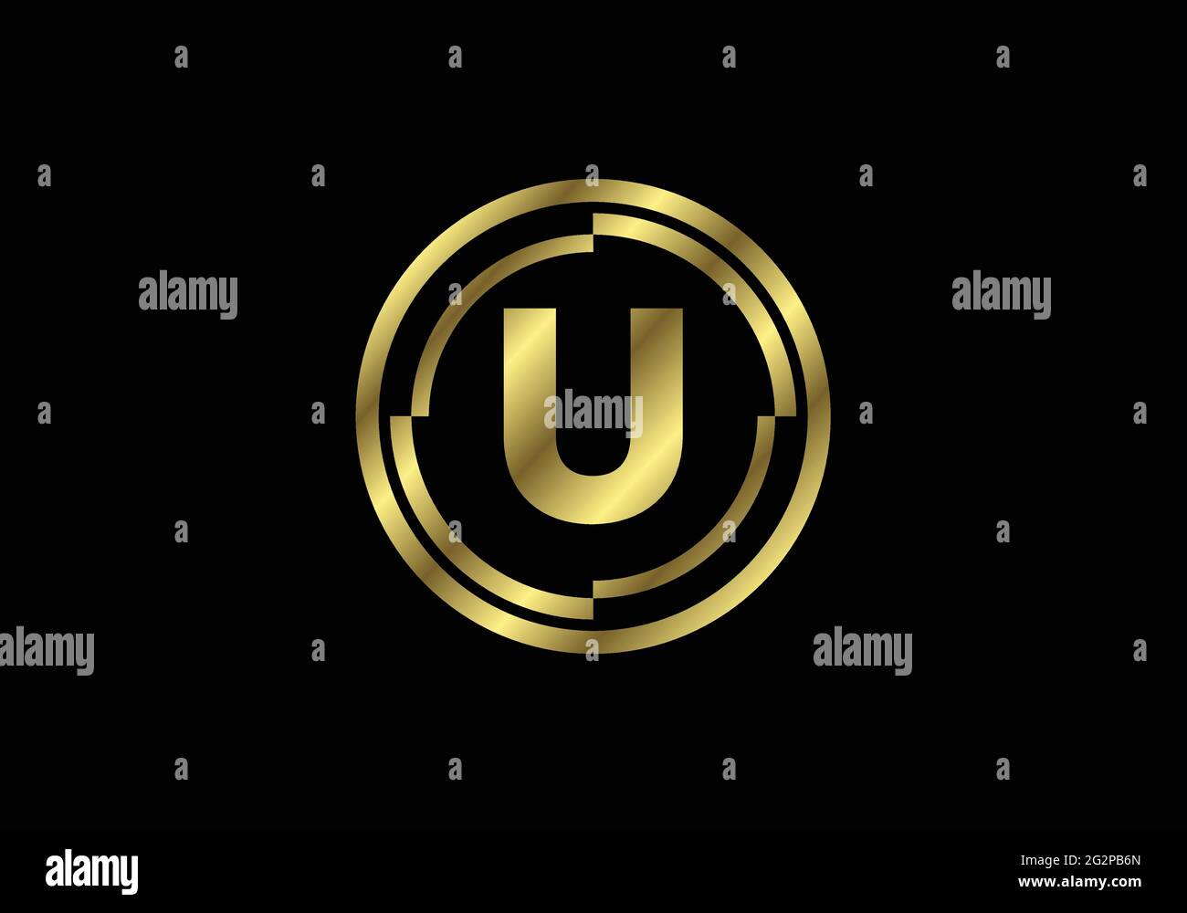 Golden letters U with golden circle frames. English alphabet, vector ...