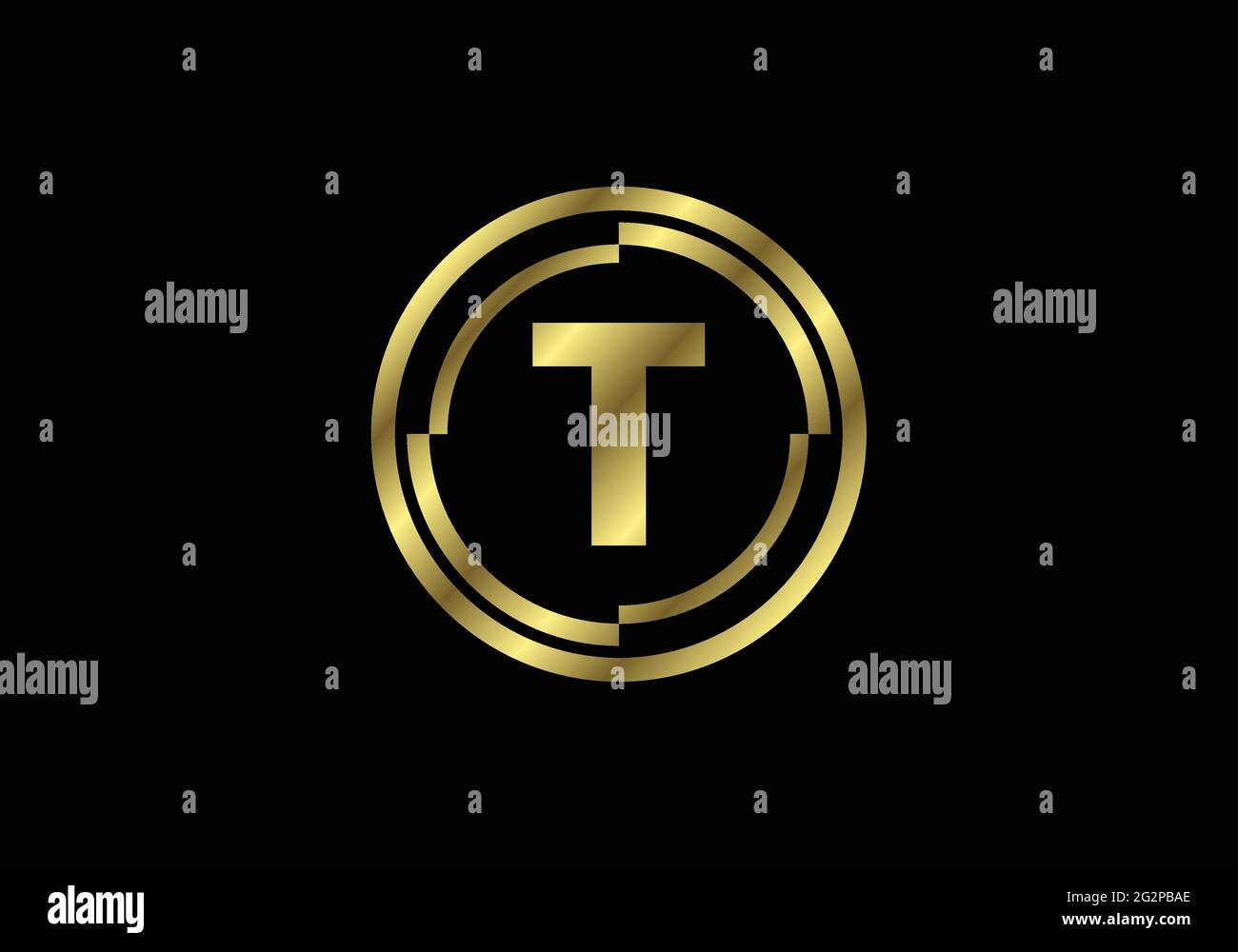 Golden letters T with golden circle frames. English alphabet, vector ...