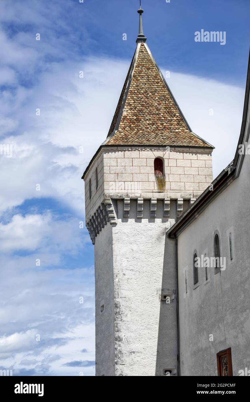 five towered white fairy tale castle in Nyon, canton of Vaud ...