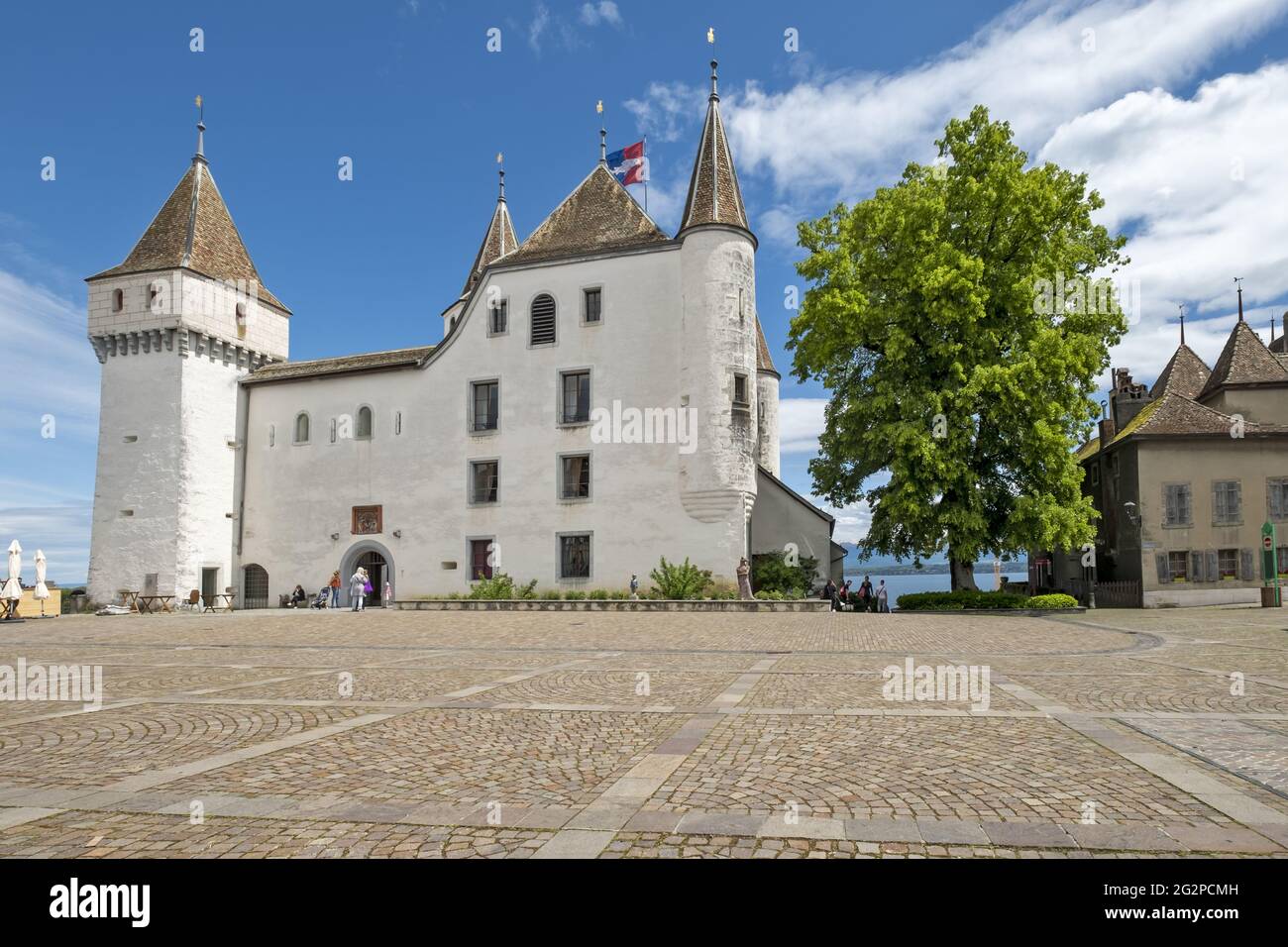 five towered white fairy tale castle in Nyon, canton of Vaud ...