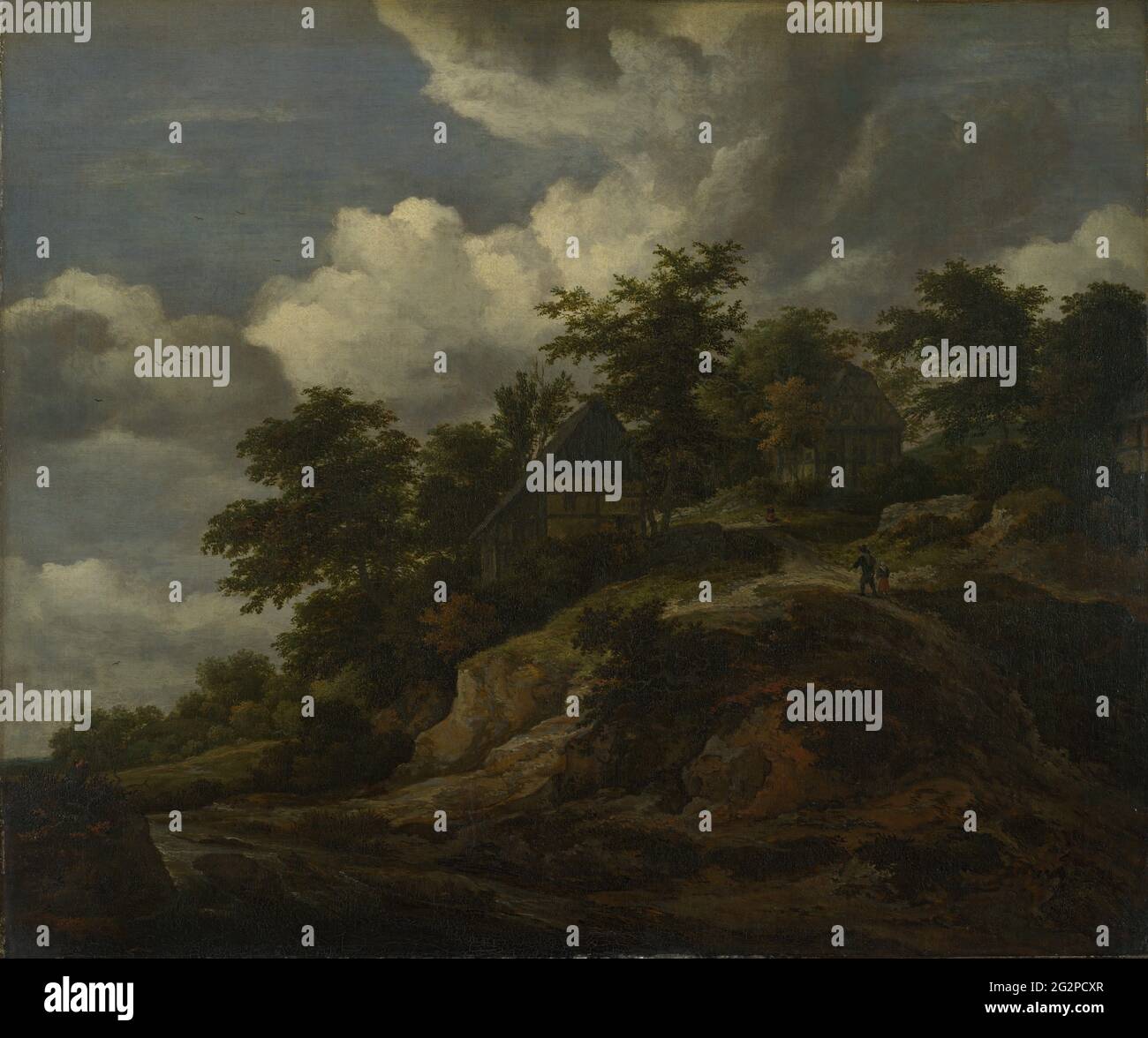 Jacob Van Ruisdael - a Rocky Hill with Three Cottages a Stream at Its ...