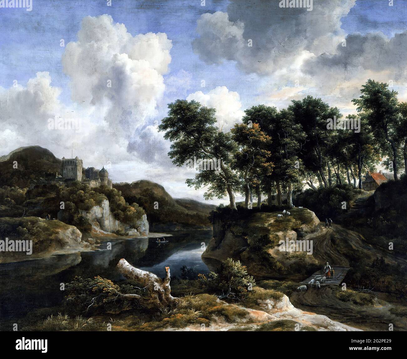 Jacob Van Ruisdael - River Landscape with a Castle on a High Cliff ...