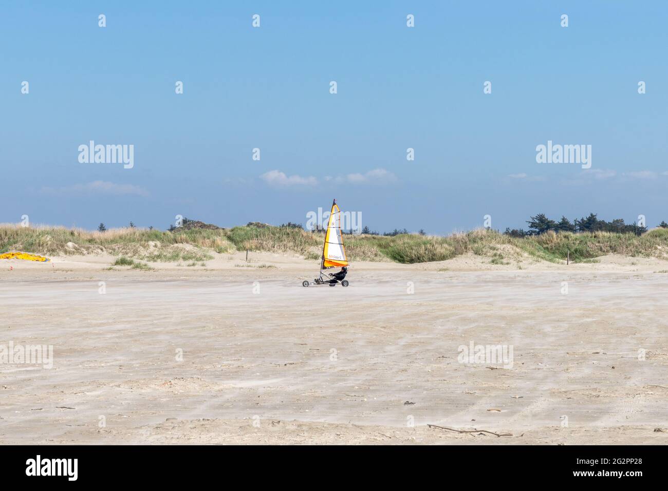 Ringby, Denmark - 30 May, 2021: blokart wind buggy enjoying a windy day ...
