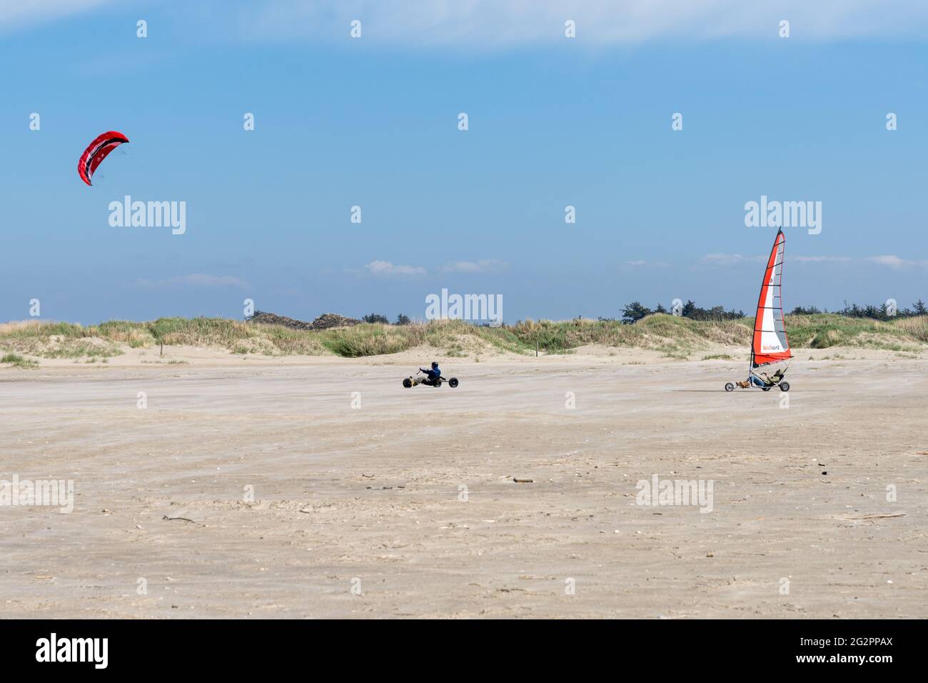 Ringby, Denmark - 30 May, 2021: kite buggy and blokart wind buggy ...
