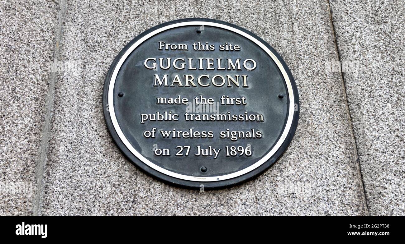 LONDON ENGLAND MARCONI BLACK PLAQUE ON WALL OF BT BUILDING NEWGATE ...