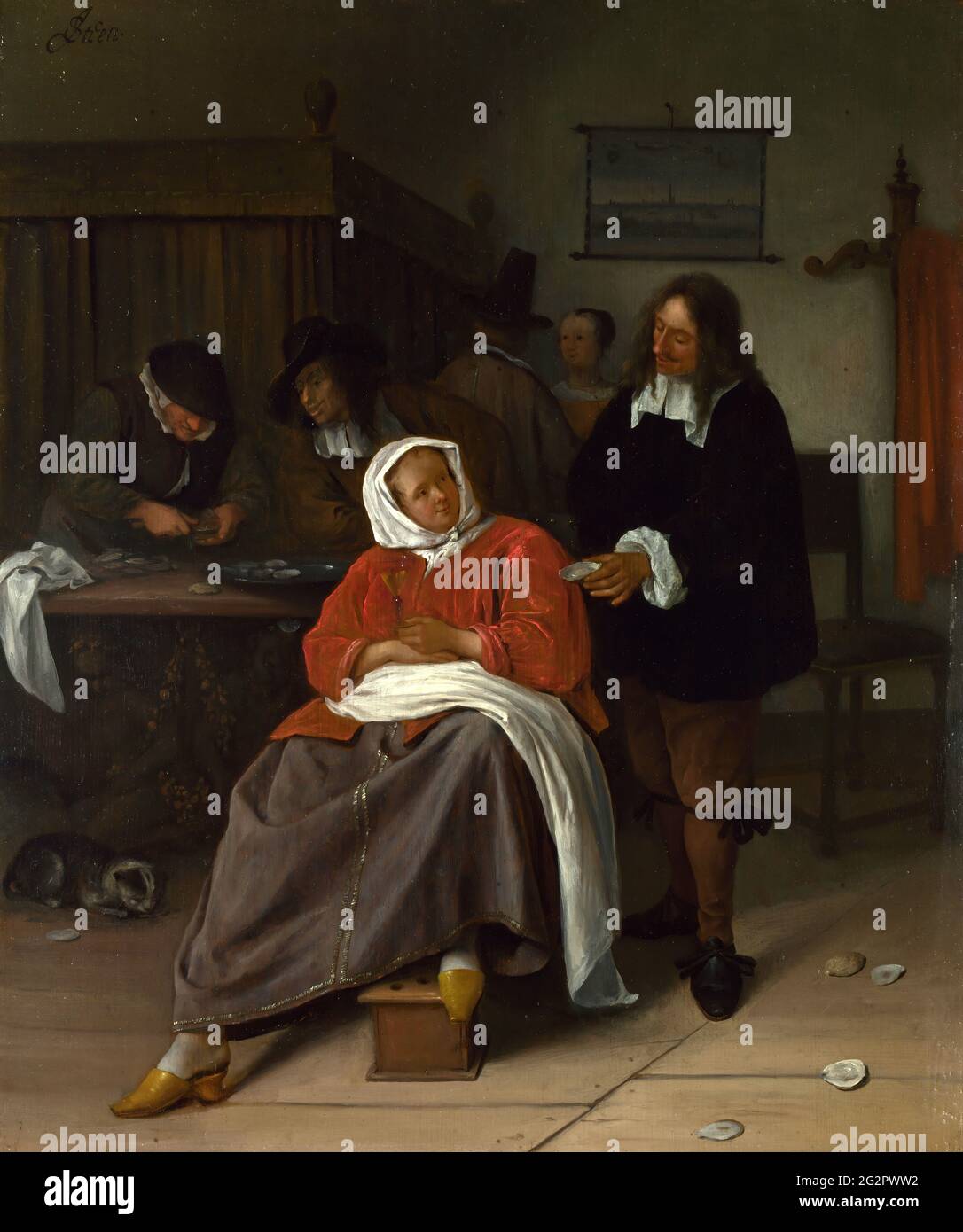 Jan Steen - an Interior with a Man Offering an Oyster to a Woman Stock ...