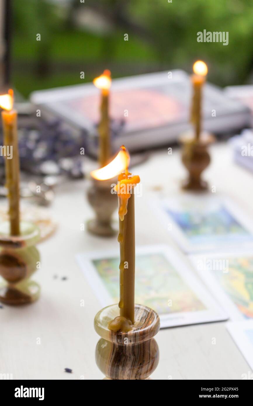 Tarot Setup Background. Tarot cards, candles, for divination or a ...