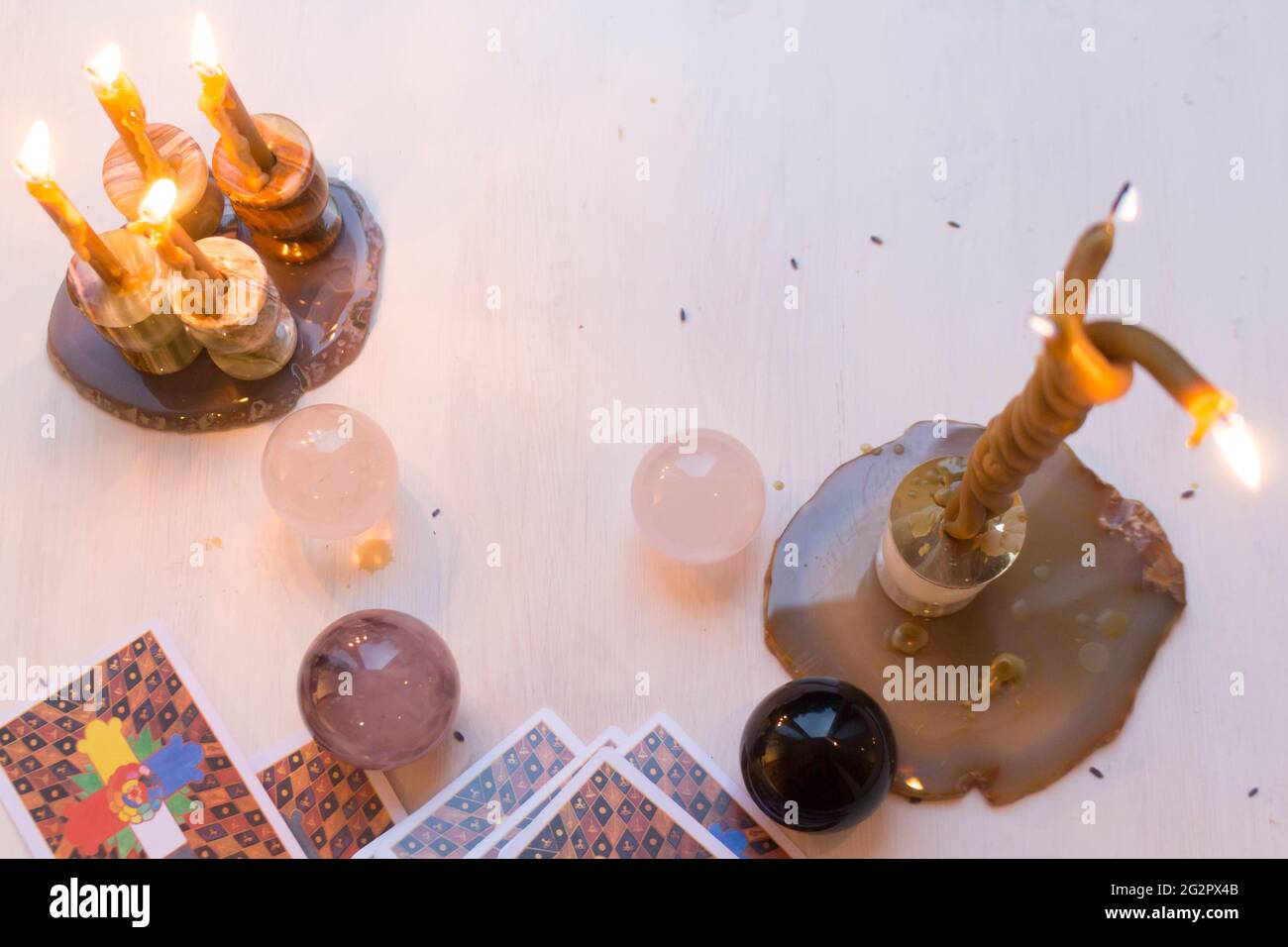 Tarot Setup Background. Tarot cards, candles, magic balls made of ...