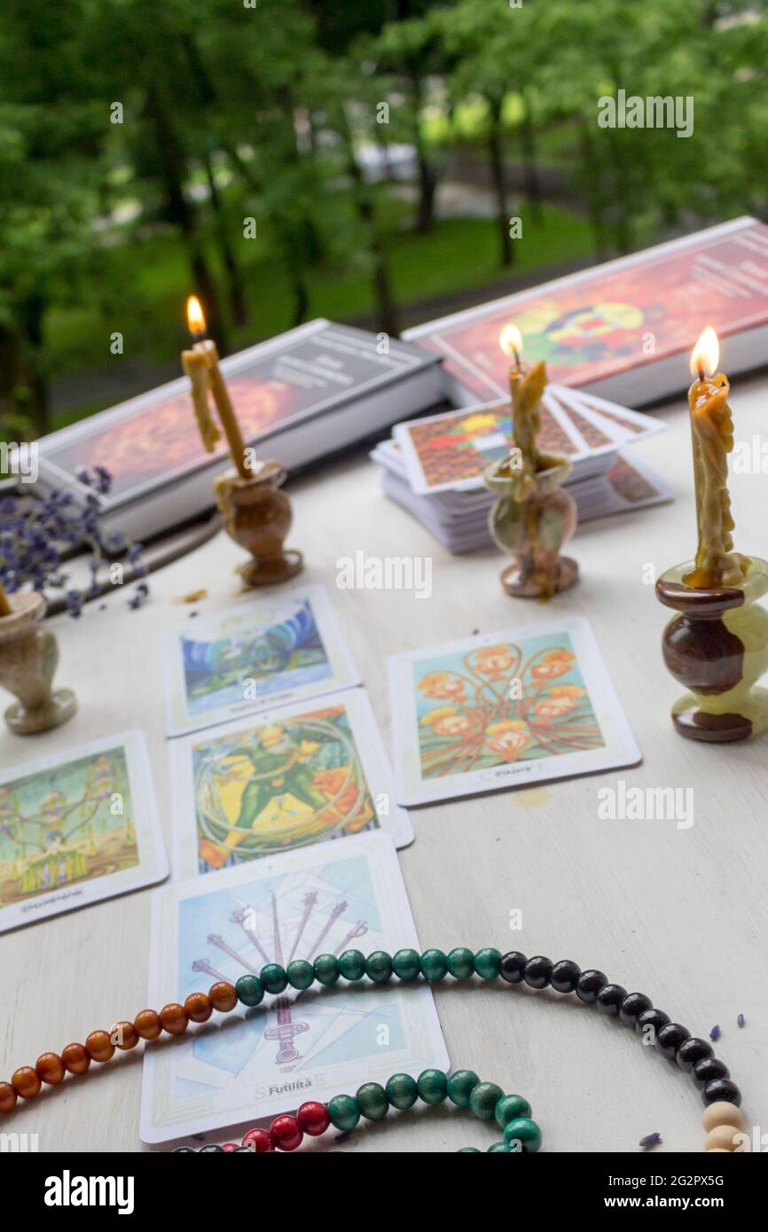 Tarot Setup Background. Tarot cards, candles, for divination or a ...