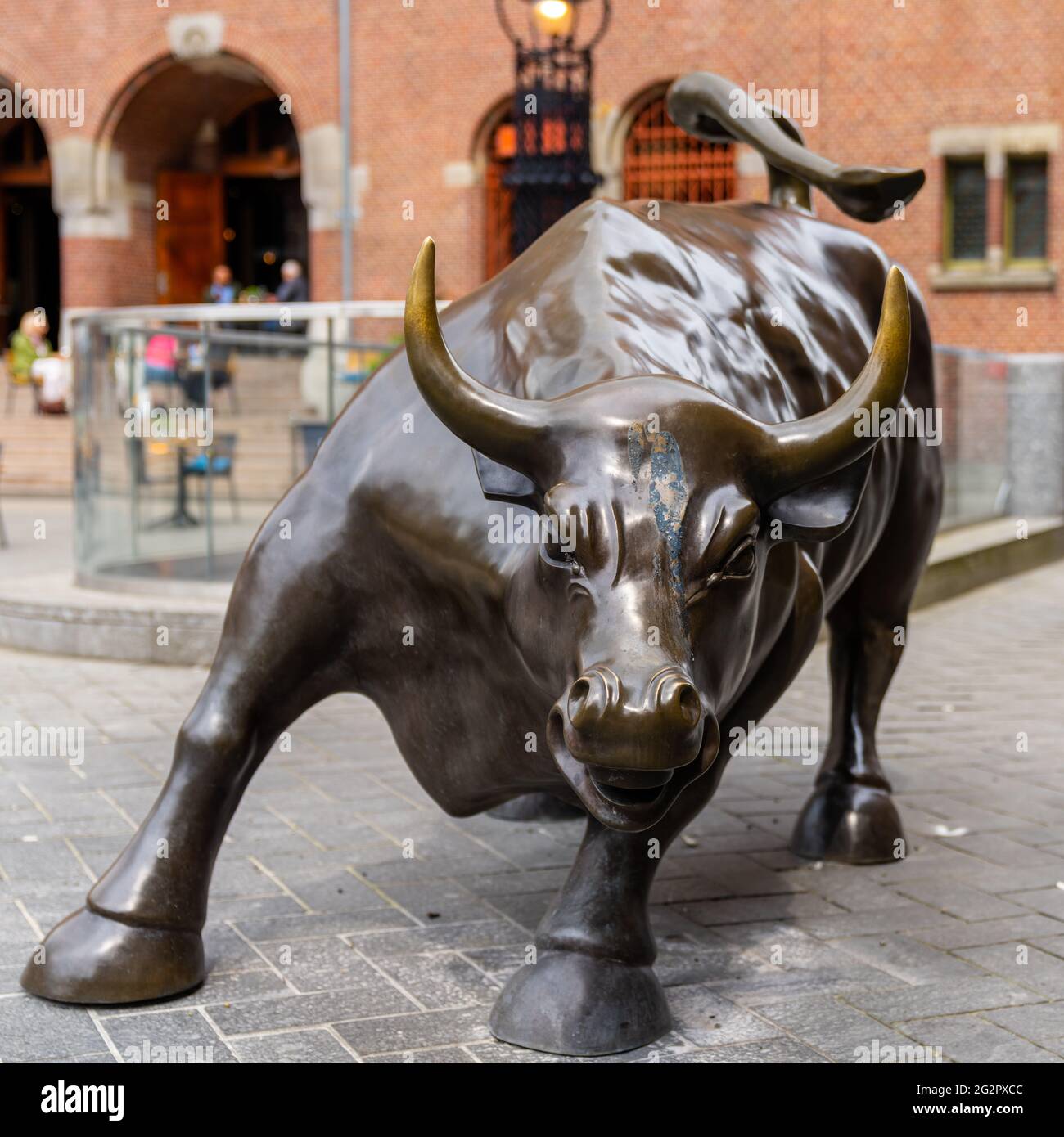 Amsterdam, Netherlands - 19 May, 2021: statue of the stock market bull ...