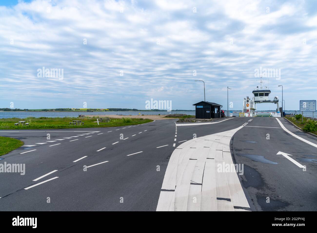 Mors, Denmark - 3 June, 2021: view of the Feggesund ferry arriving in ...
