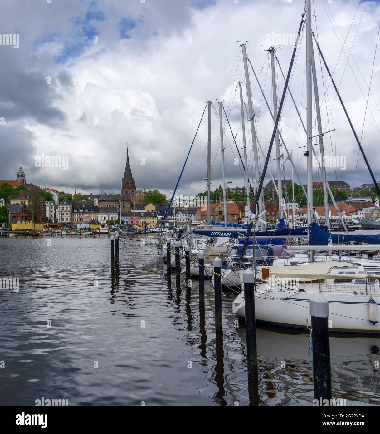 Flensburg, Germany - 27 May, 2021: square view of the yacht harbor and ...