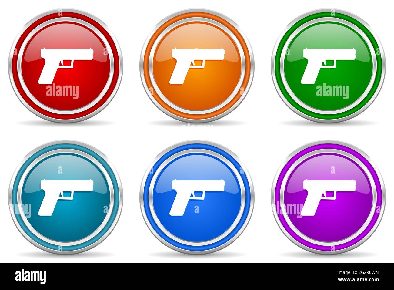 Pistol, gun, weapon silver metallic glossy icons, set of modern design ...