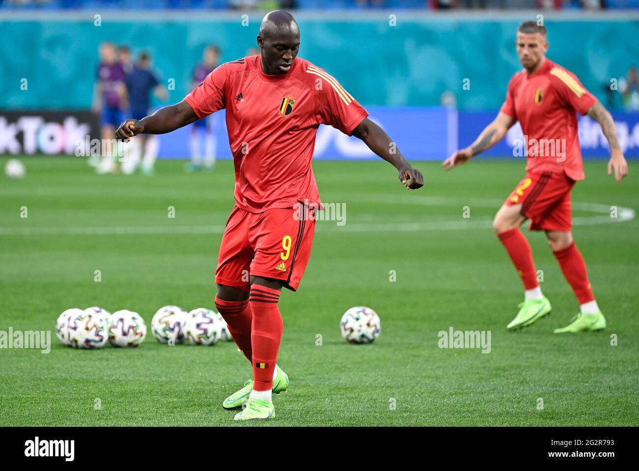 Belgium's Romelu Lukaku pictured at the warm up ahead of a soccer game ...