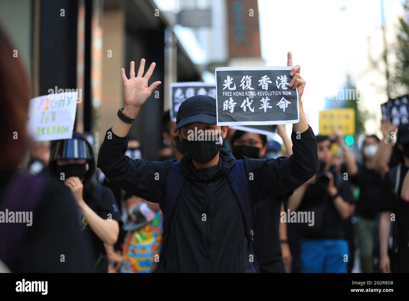 A pro-democracy activist holding a placard while making the five ...