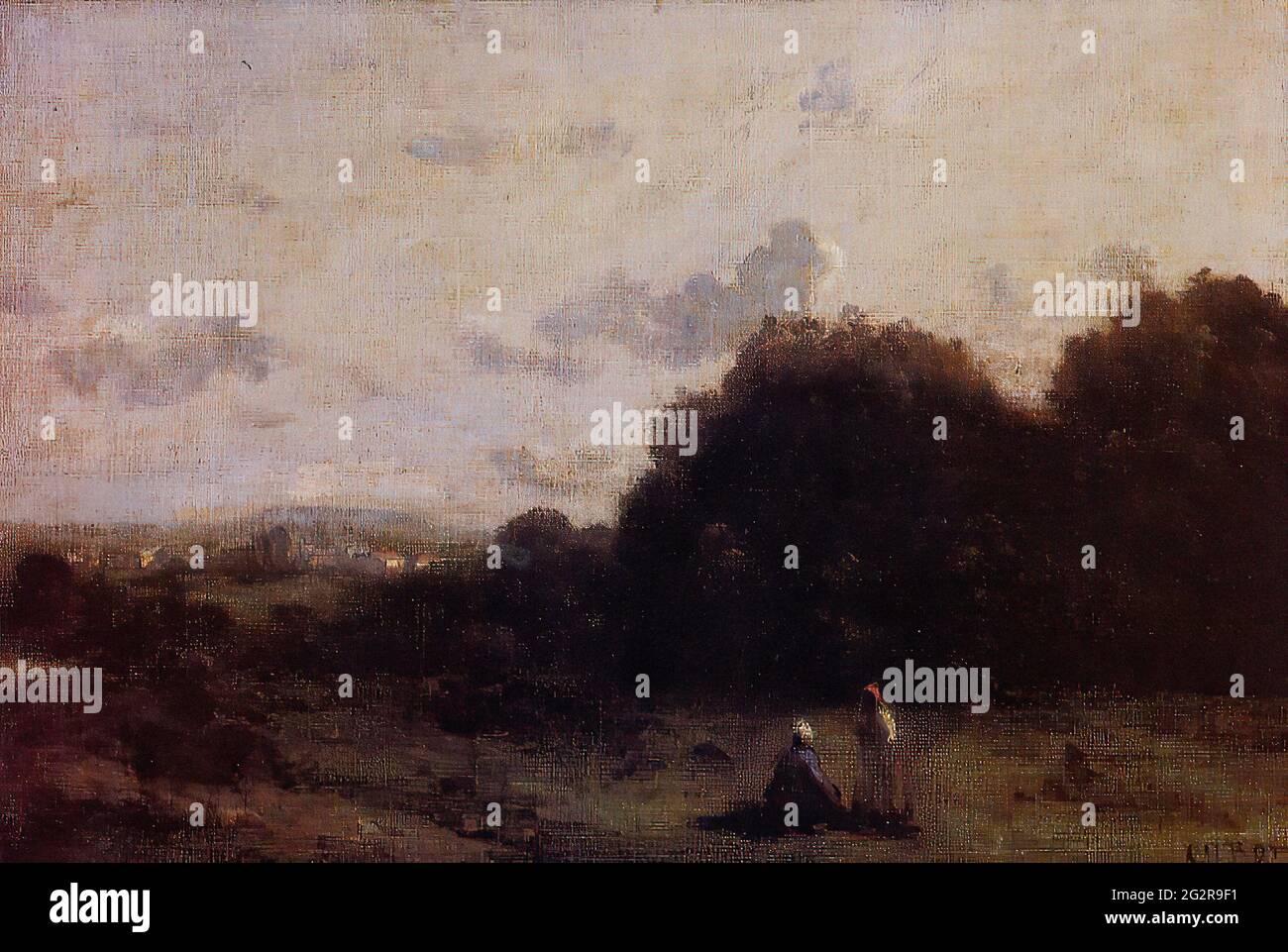 Jean-Baptiste-Camille Corot - Fields with Village Horizon Two Figures ...