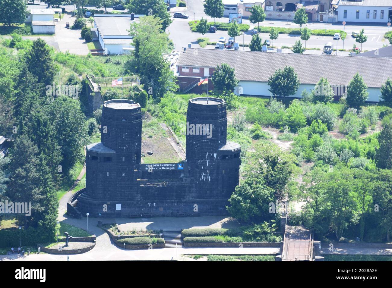 West towers of the bridge of Remagen with the remains of the war bridge ...