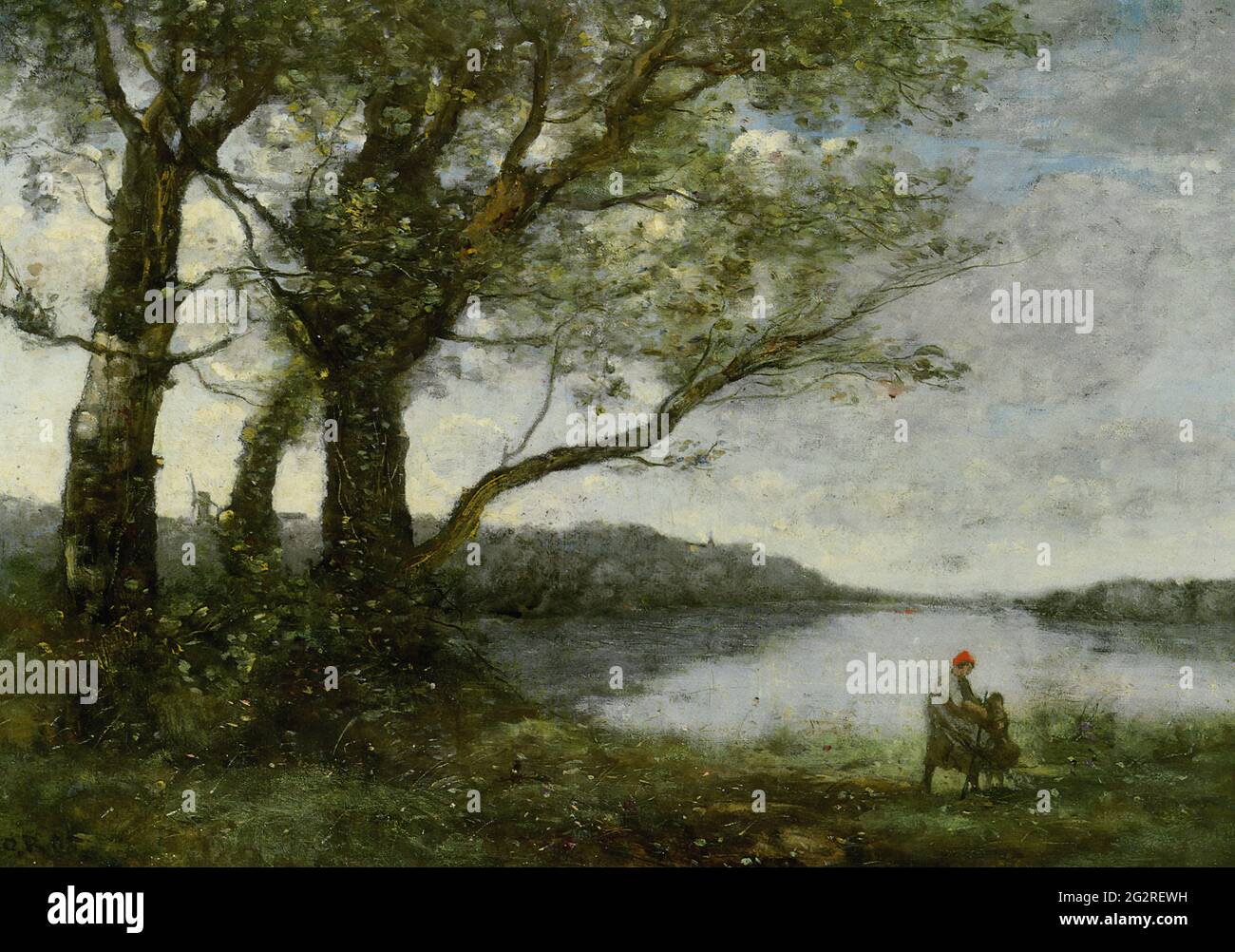 Jean-Baptiste-Camille Corot - Three Trees with View Lake Stock Photo ...