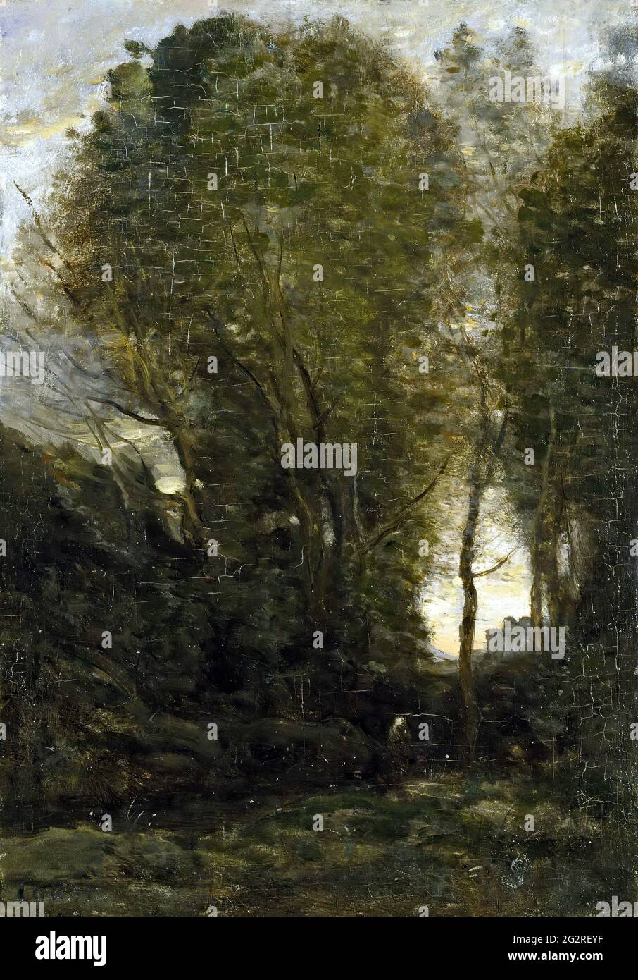Jean-Baptiste-Camille Corot - Twilight Landscape with Tall Trees and a ...