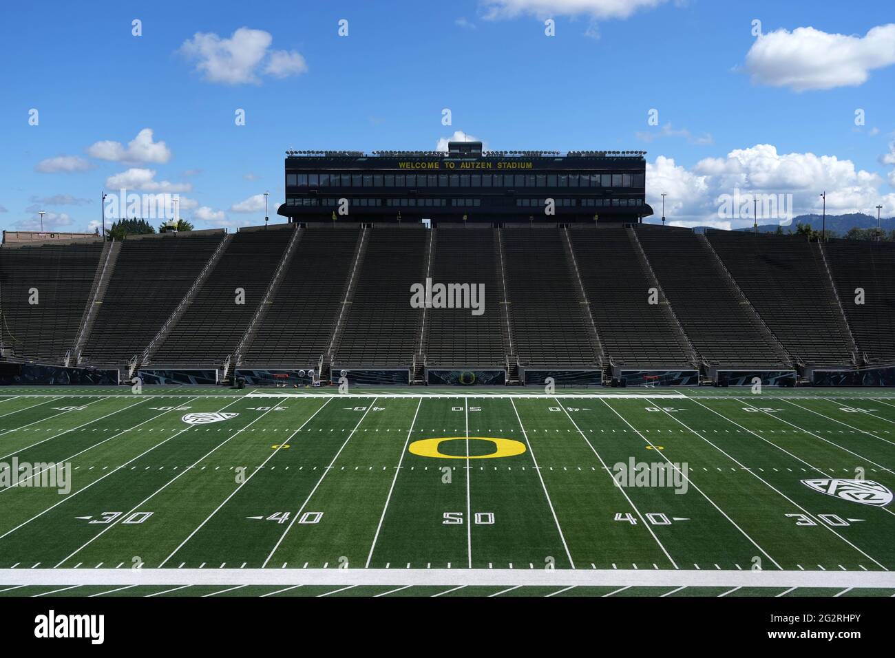 A general view of the Oregon Ducks logo at midfield at Autzen Stadium ...