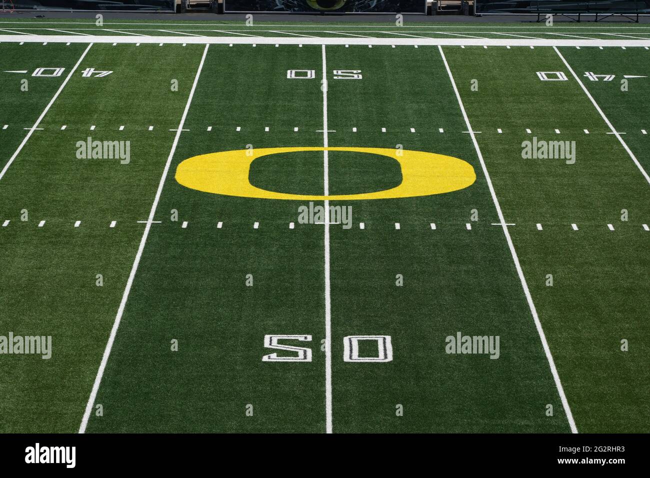 A general view of the Oregon Ducks logo at midfield at Autzen Stadium ...