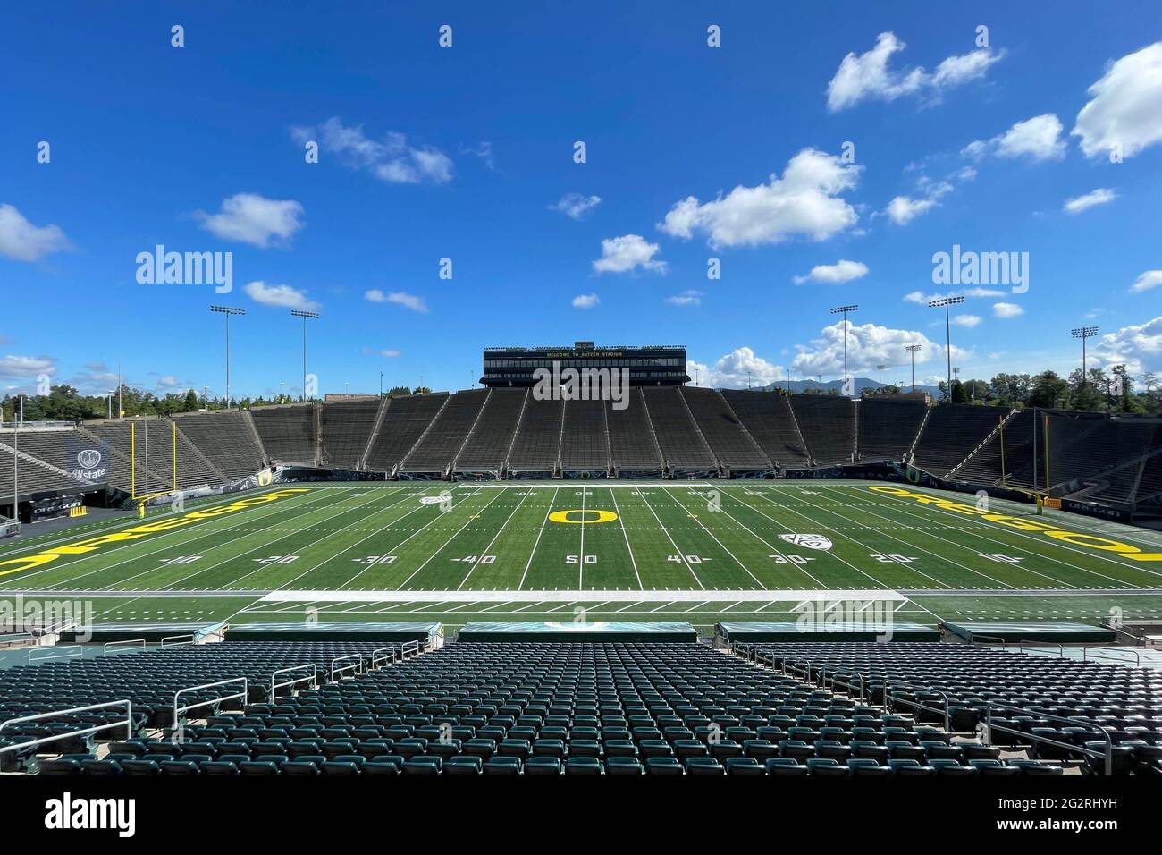 A general view of the Oregon Ducks logo at midfield at Autzen Stadium ...