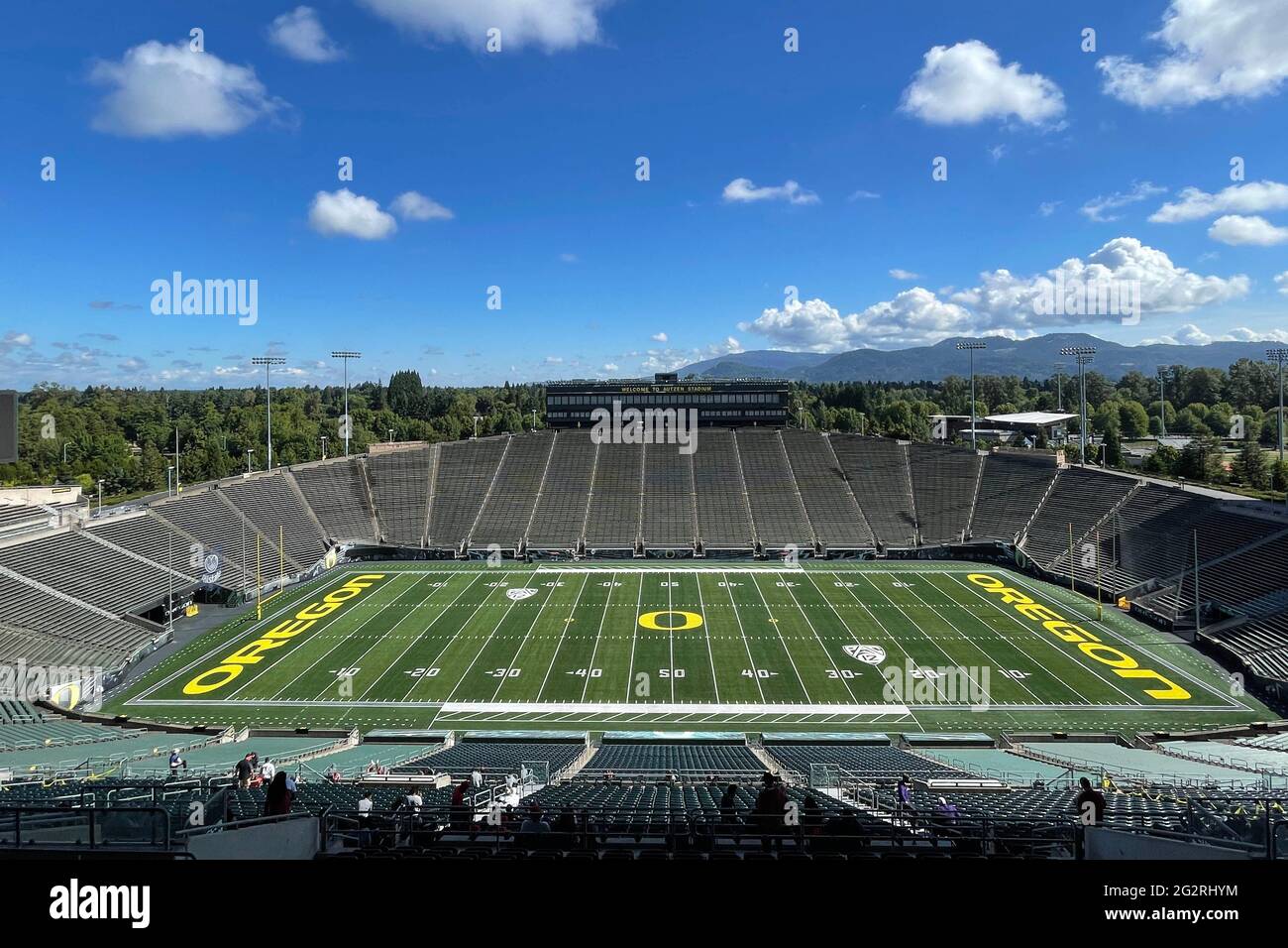 A general view of the Oregon Ducks logo at midfield at Autzen Stadium ...