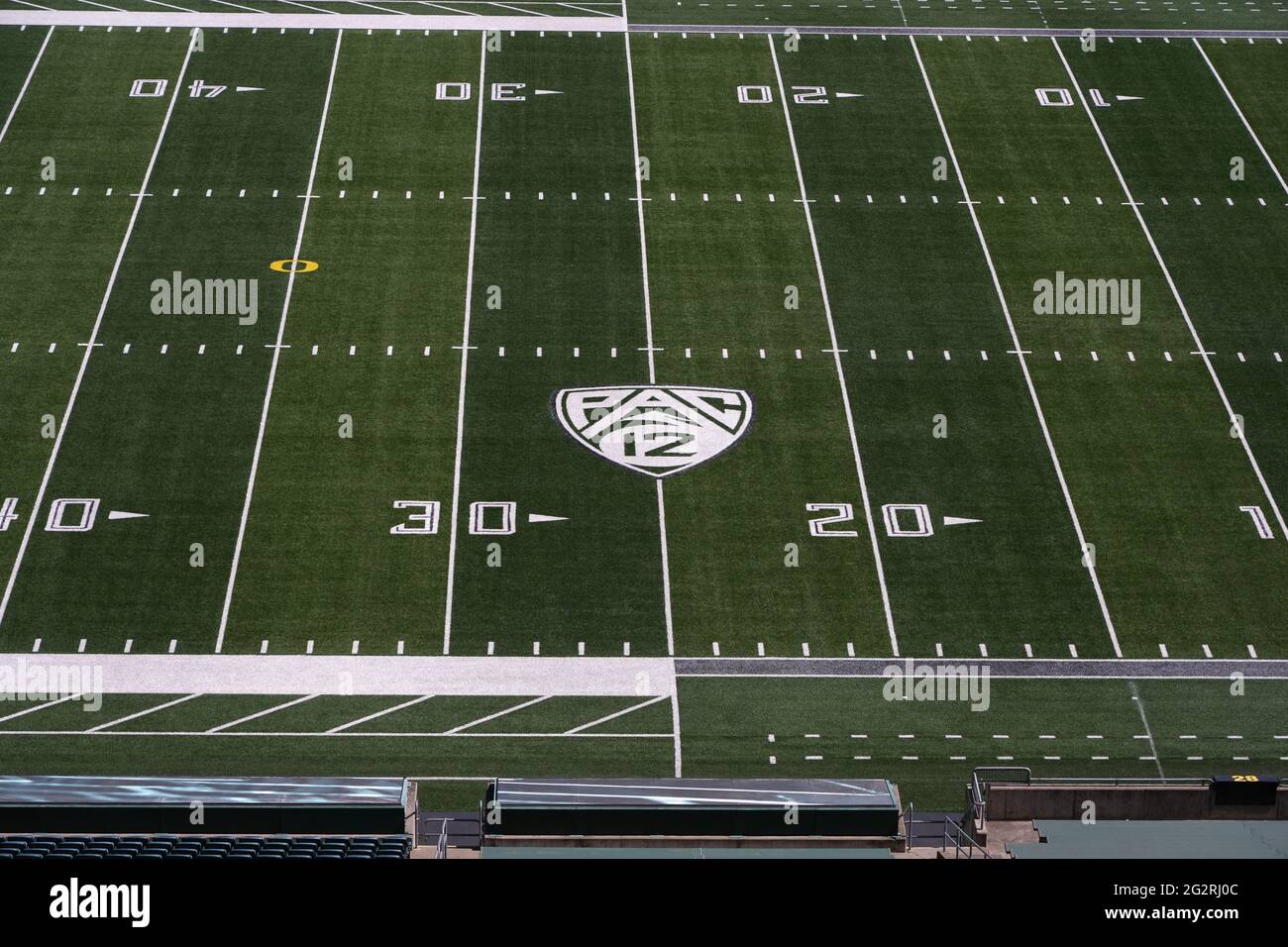 A general view of the Pac-12 Conference logo on the field at Autzen ...