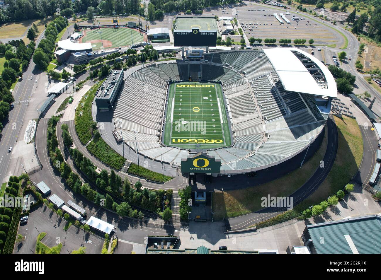 An aerial view of Autzen Stadium on the campus of University of Oregon ...