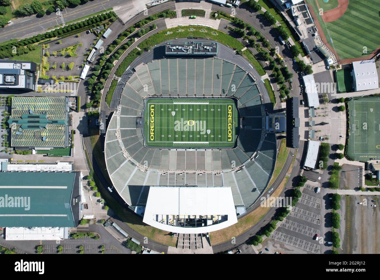 An aerial view of Autzen Stadium on the campus of University of Oregon ...