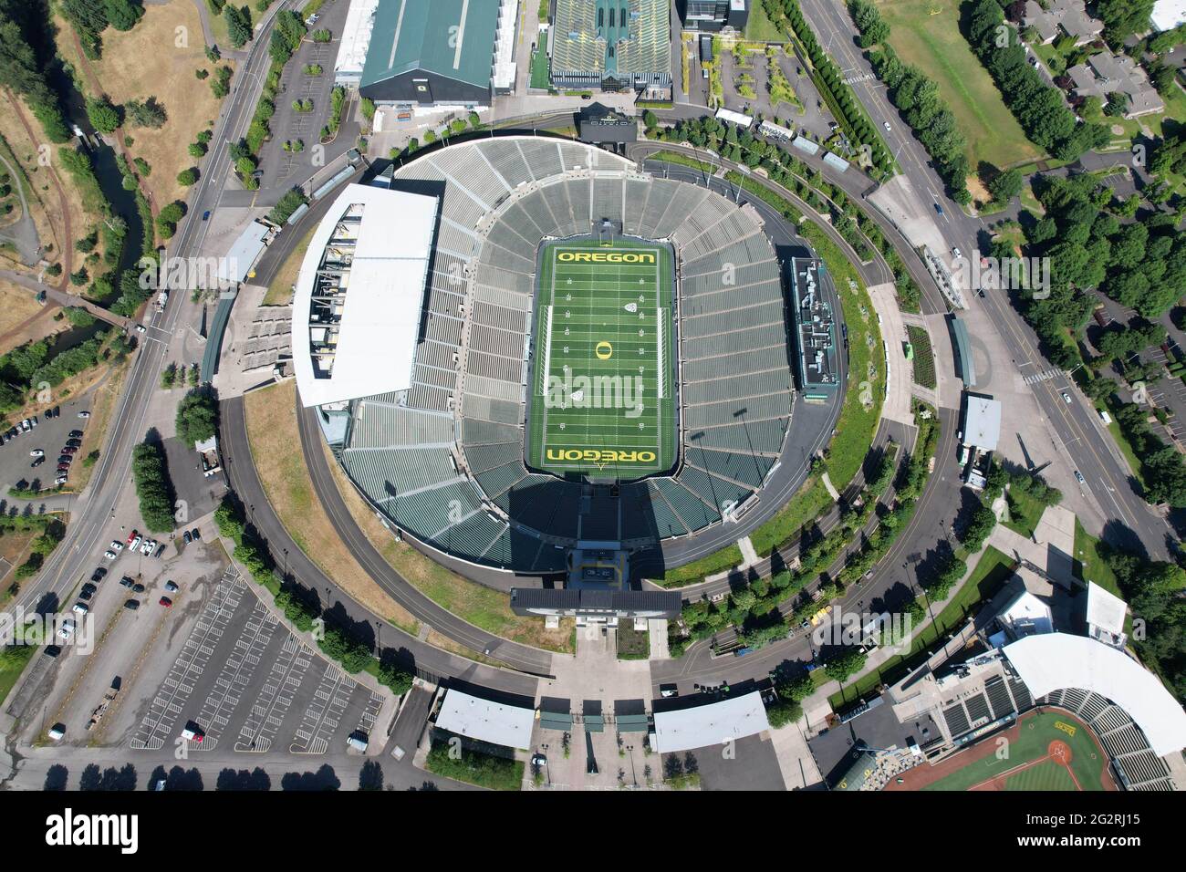 An aerial view of Autzen Stadium on the campus of University of Oregon ...