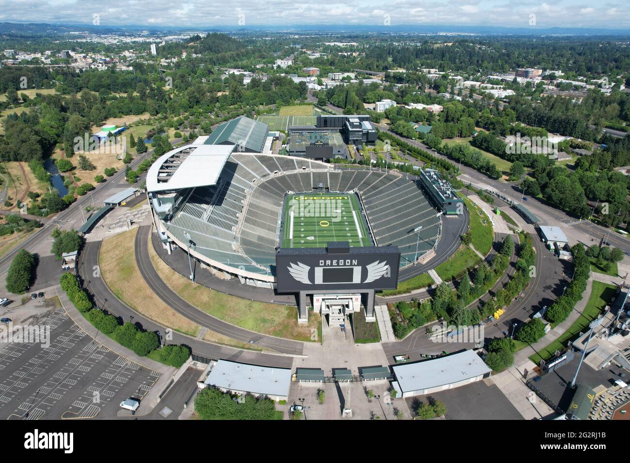 An aerial view of Autzen Stadium on the campus of University of Oregon ...