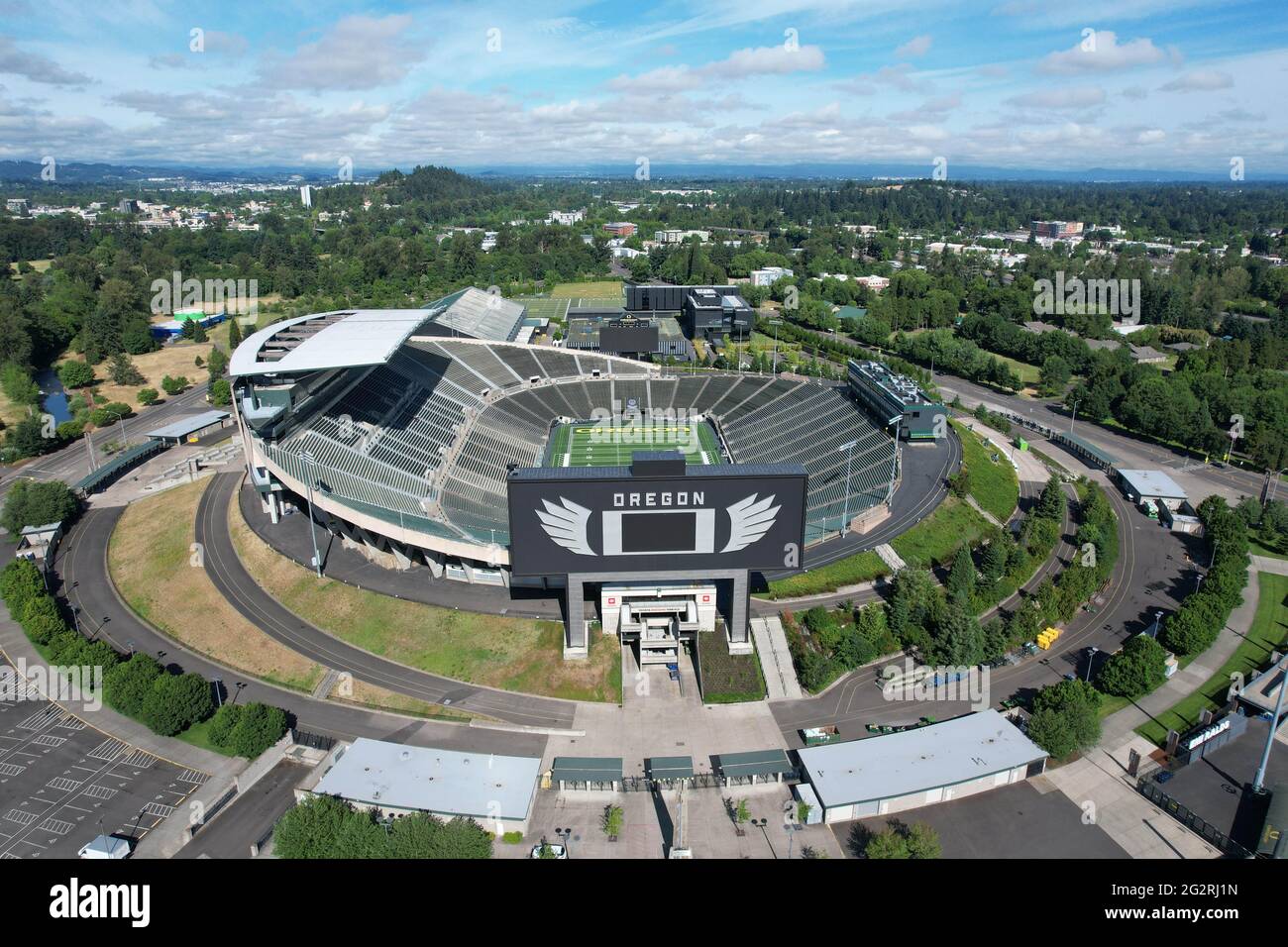 An aerial view of Autzen Stadium on the campus of University of Oregon ...