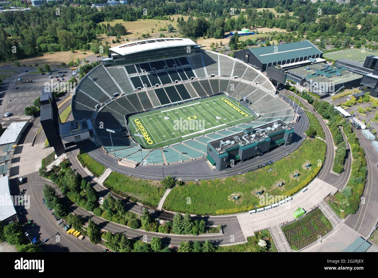 An aerial view of Autzen Stadium on the campus of University of Oregon ...