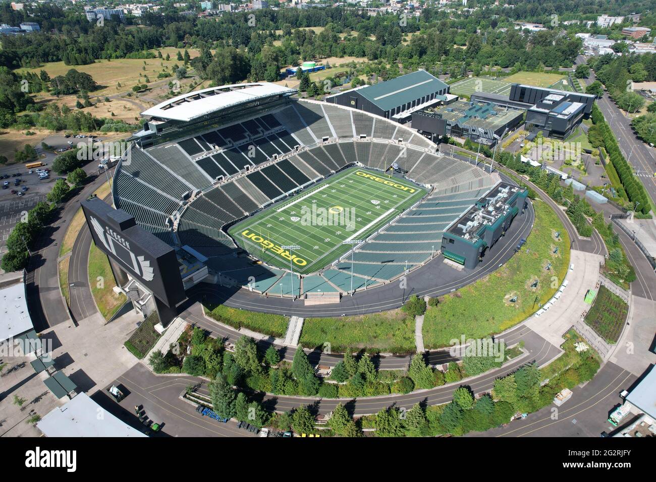 An aerial view of Autzen Stadium on the campus of University of Oregon ...
