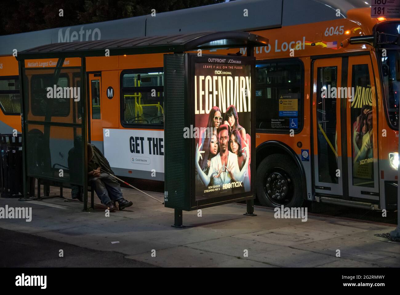 Los Angeles, CA USA - May 4, 2021: A blind homeless person at a bus ...