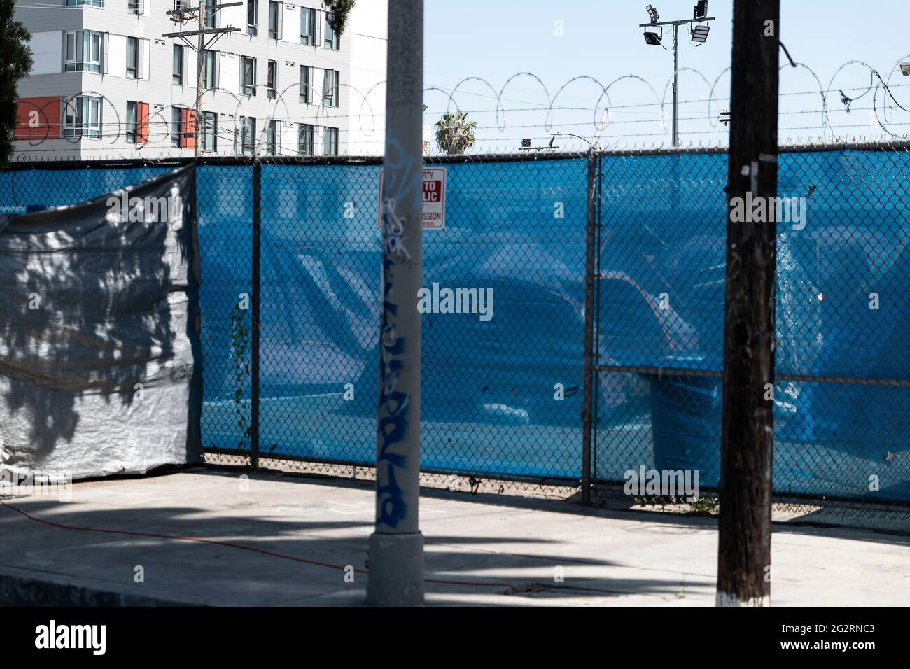 Los Angeles, CA USA - May 27 , 2021: Homeless tents seen through the ...