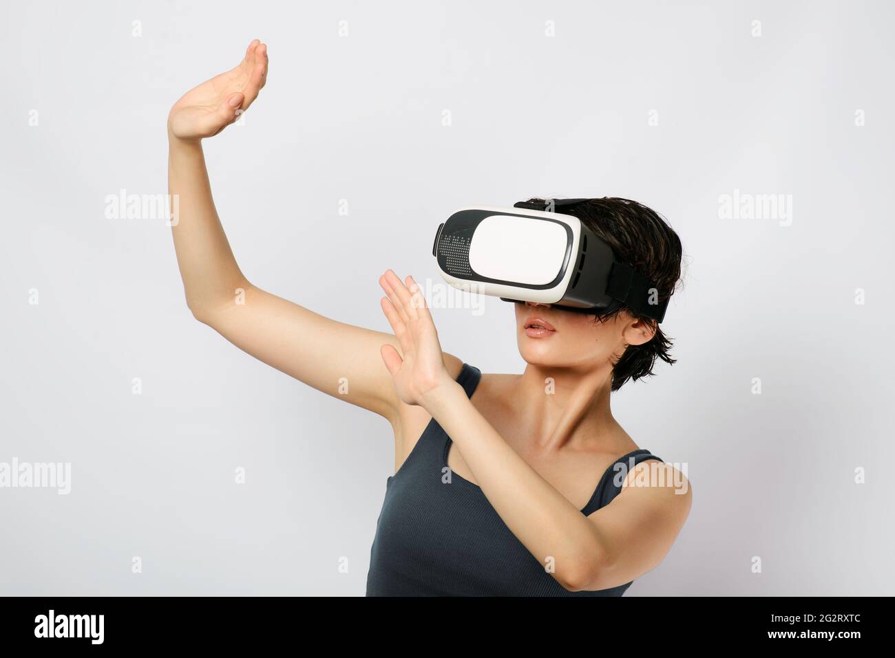 Portrait 20s age of a woman with virtual reality glasses Stock Photo ...