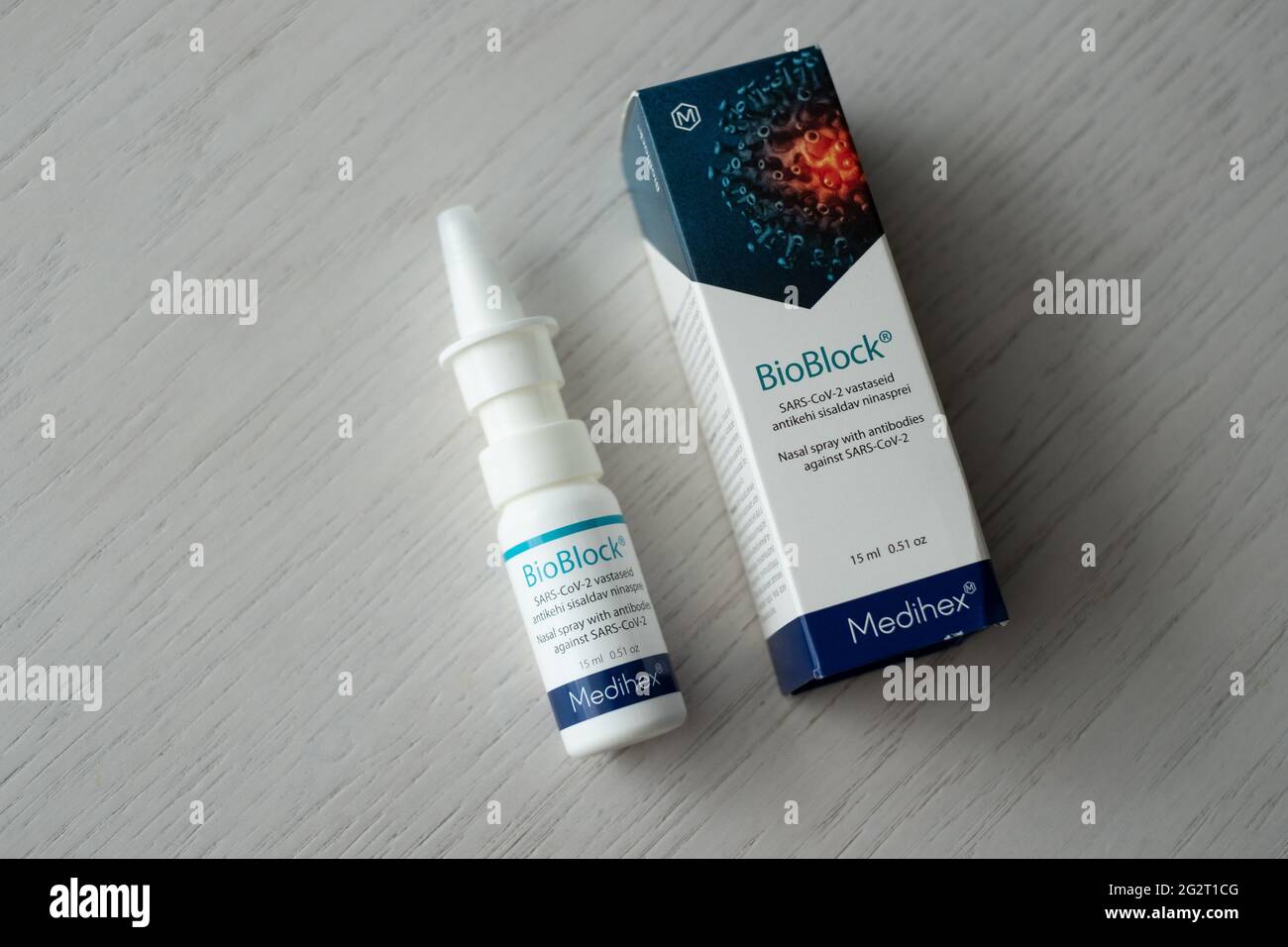 Pärnu, Estonia - June 5, 2021: BioBlock nasal spray with antibodies ...